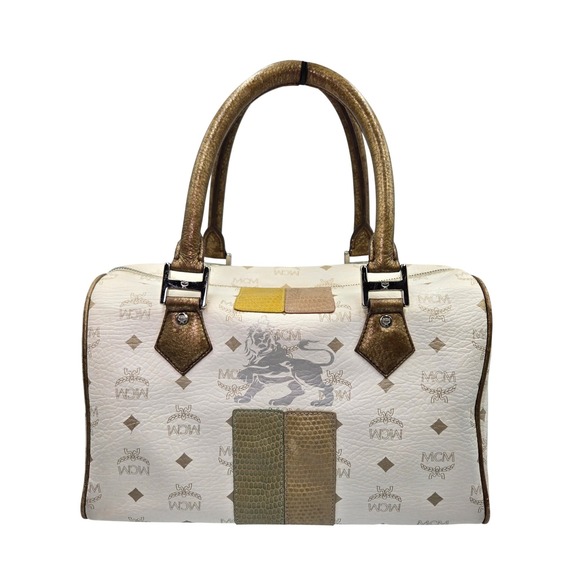 MCM | Bags | Mcm Vintage Cream Lion Logo Barrel Satchel Handbag ...